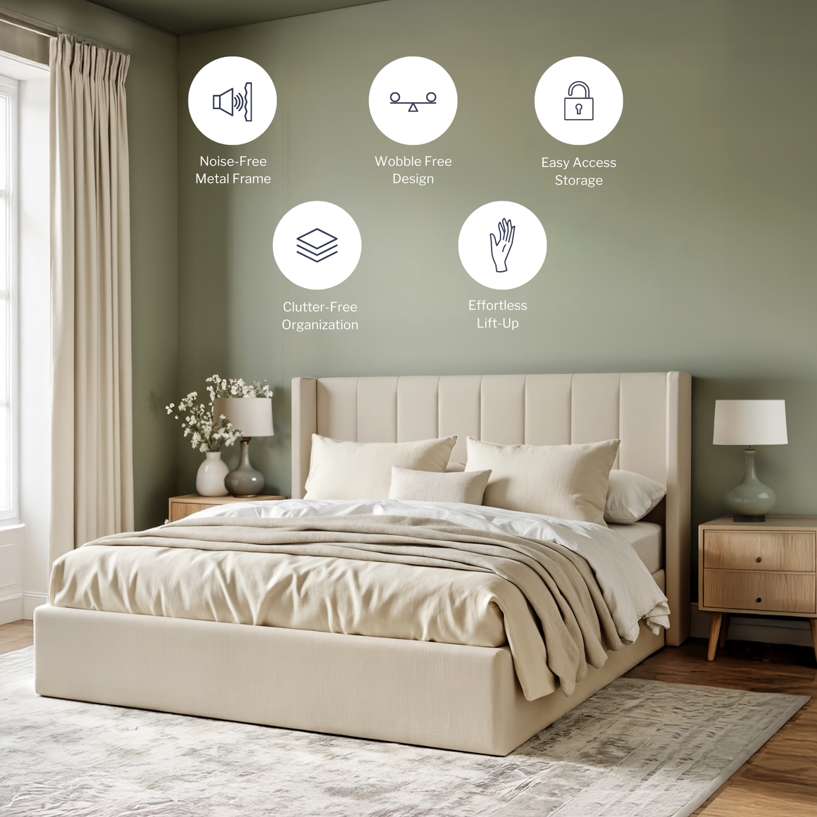 Jenny Cream Linen Storage Bed - Bed Frames - Aykah Bedroom Furniture ...